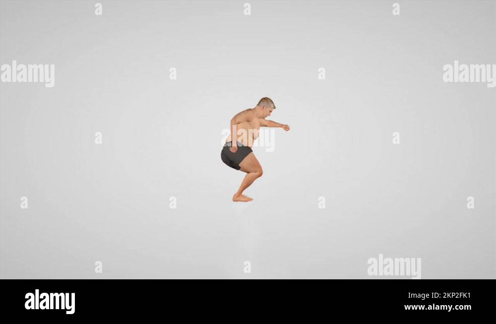 Fat man doing a silly chicken dance, side view seamless loop, white ...