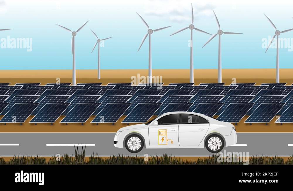 Animated Electric Car with a Charging Symbol Shown Driving on a Road ...