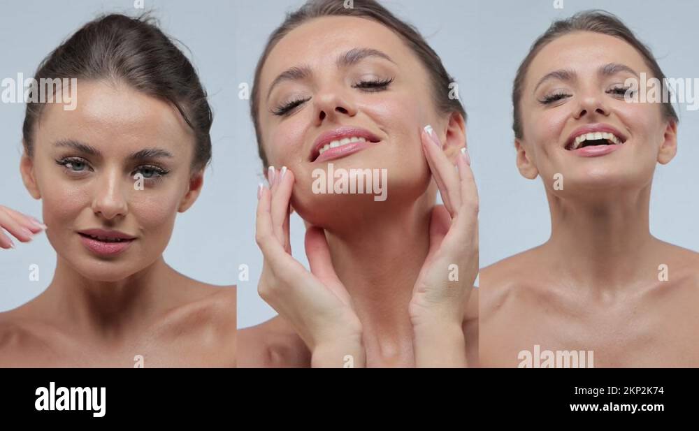 Multi-screen of beautiful women models with perfect skin touching face ...