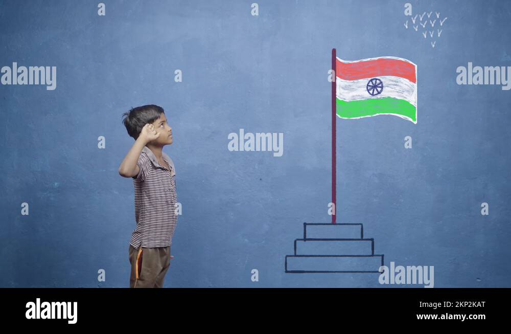 Little kid saluting be seeing indian flag on wall - concept of ...