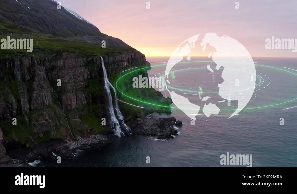 Earth globe map rotates next to cliff over sea. Digital animation on ...