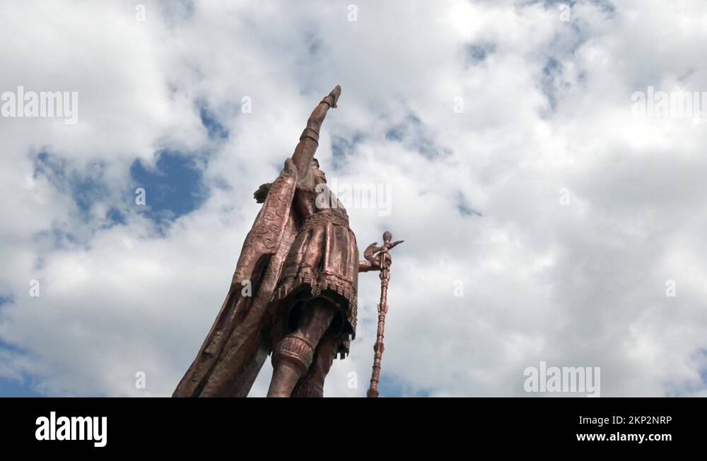 Iconic Inca Emperor Atahualpa Bronze Statue In Peru, Low Angle Orbit ...