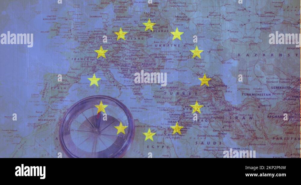 Animation of european union flag over map of europe and compass Stock ...