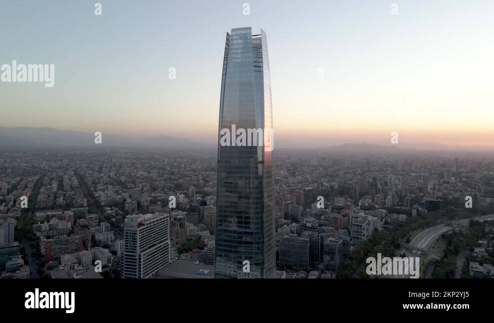 Aerial parallax of curtain wall Costanera Center skyscraper, Mapocho ...