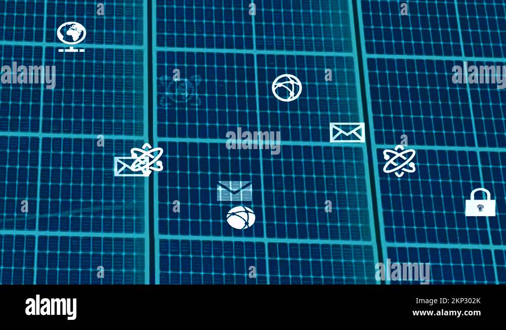 IoT (Internet of Things) concept. Drone flying over the solar panels in ...