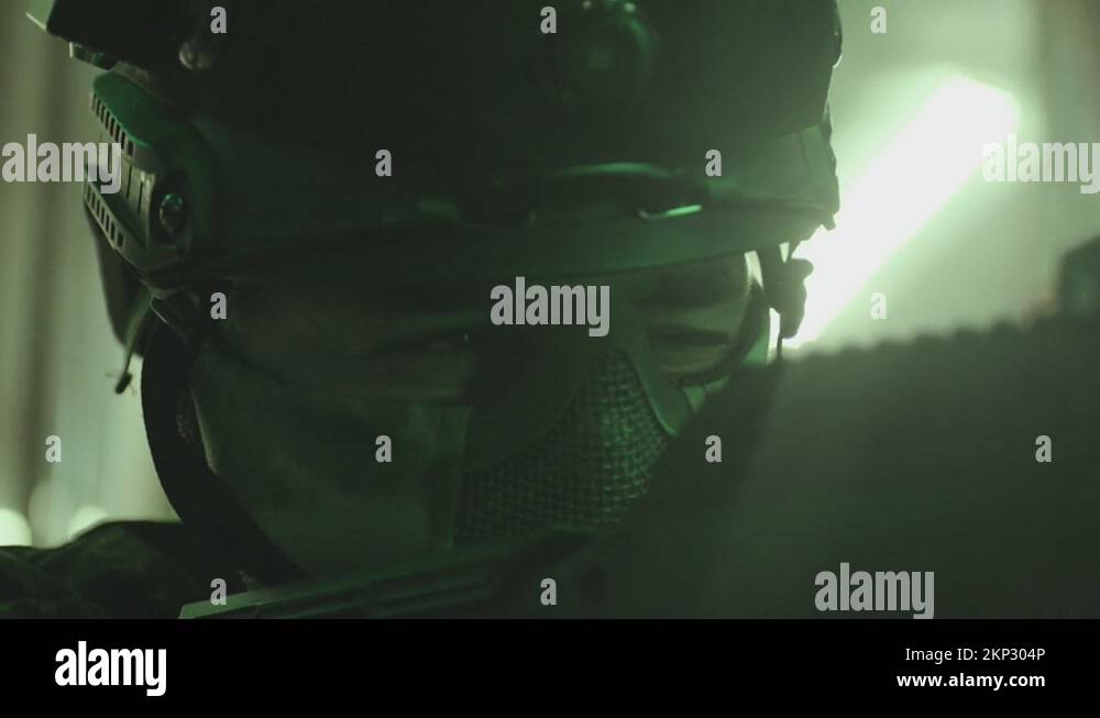 Closeup shot of special force soldier or laser tag player . Swat man ...