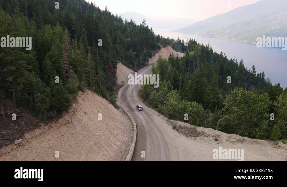 Silver car leaving for an adventurous drive through the vast pine ...