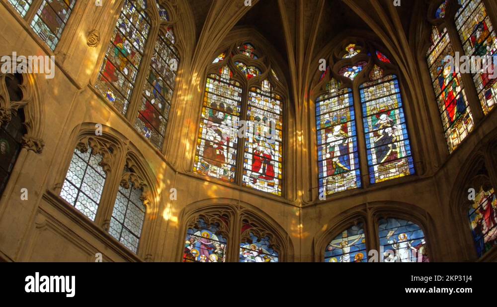 Beautiful panning view of the ceiling, windows and interior of famous ...