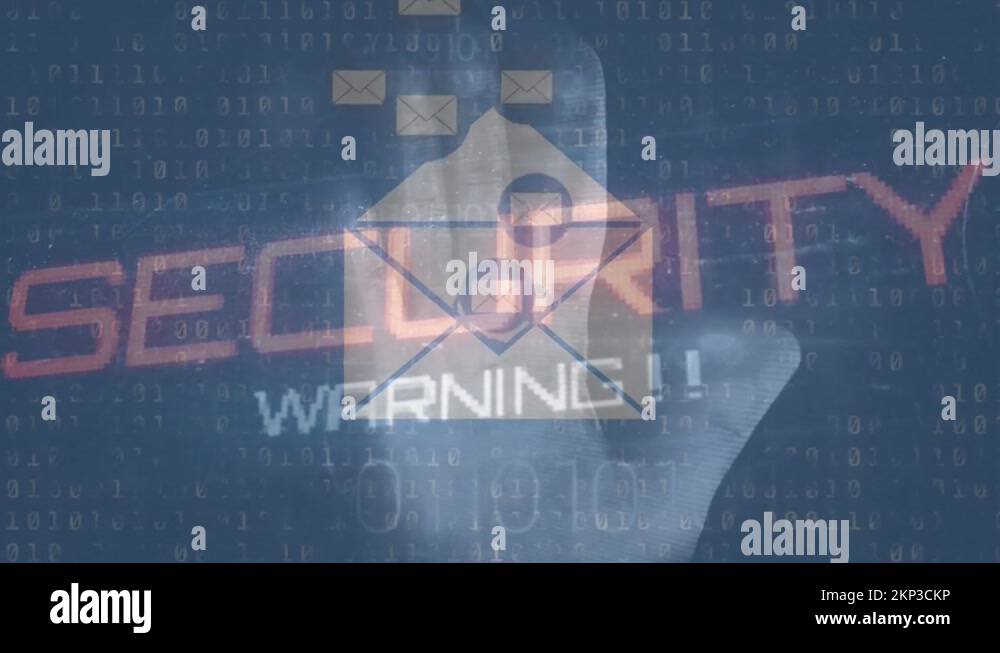 Animation of security warning text over envelope icon, hand and data ...