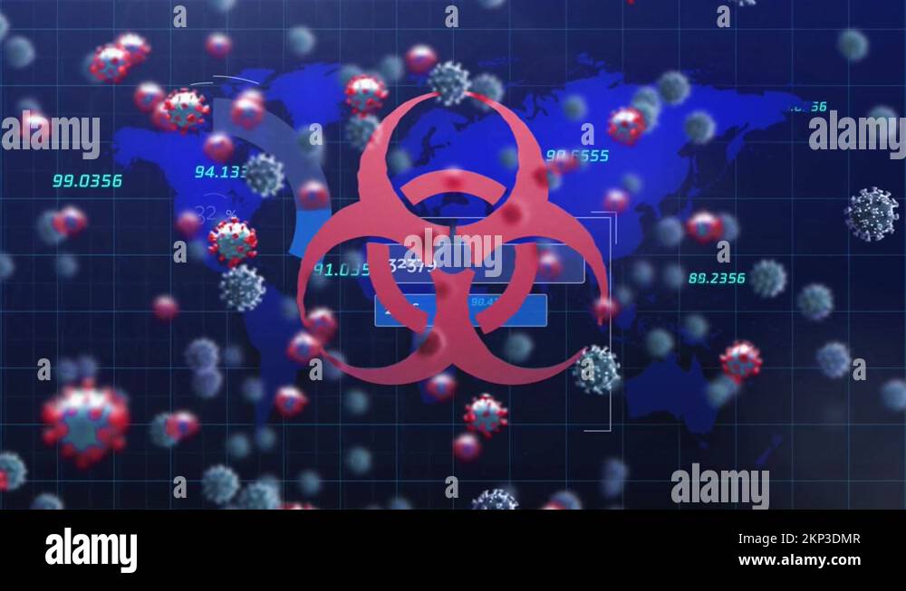 Animation of biohazard symbol, virus cells an numbers over world map on ...