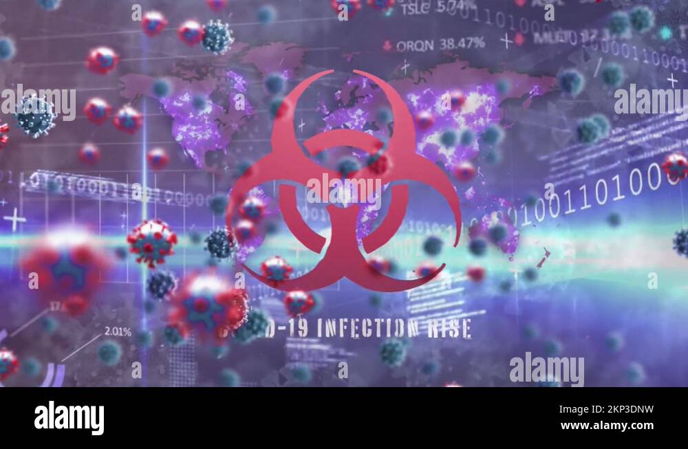 Animation of biohazard symbol and virus cells over data processing and ...