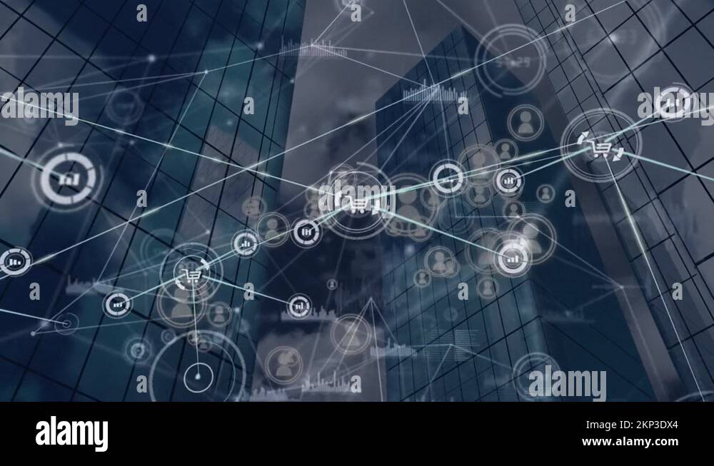 Animation of network of information and shopping icons transferring ...