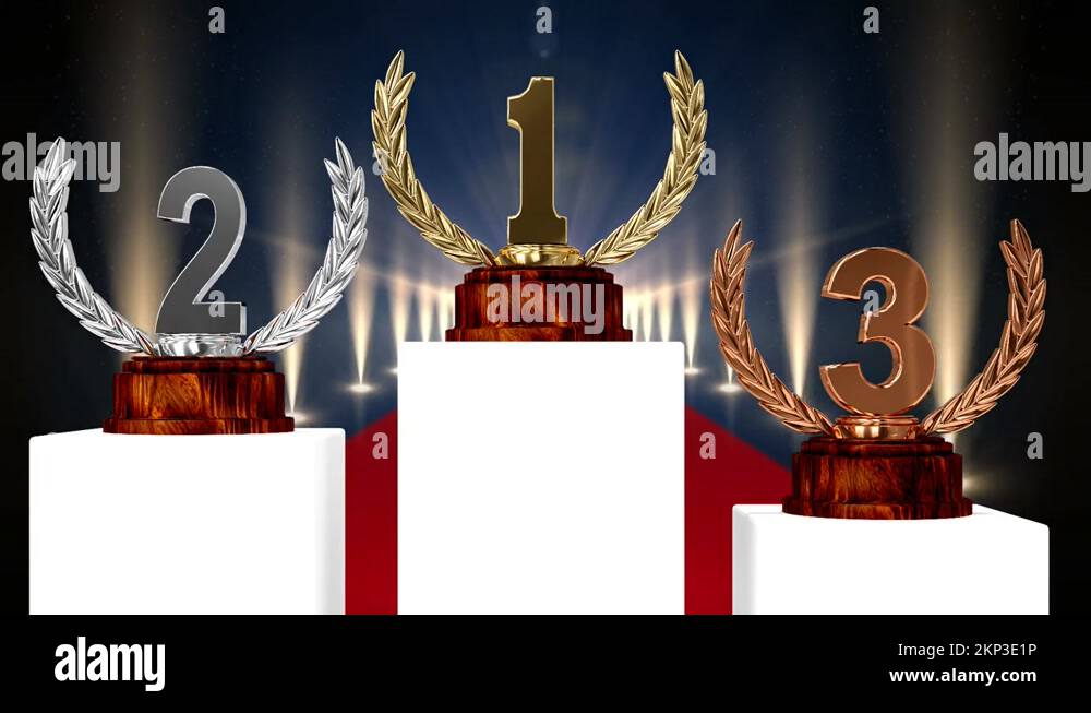 Animation of first, second and third place award trophies at floodlit ...