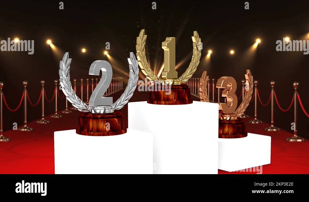 Animation of first, second and third place award trophies at winners ...