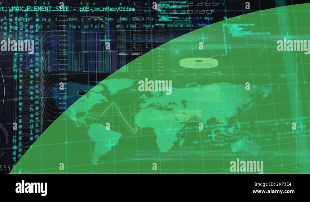 Animation of green sphere over interface with scanner, world map and ...