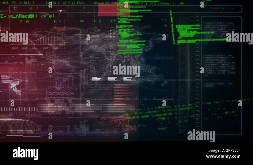 Animation of green sphere over interface with scanner, world map and ...