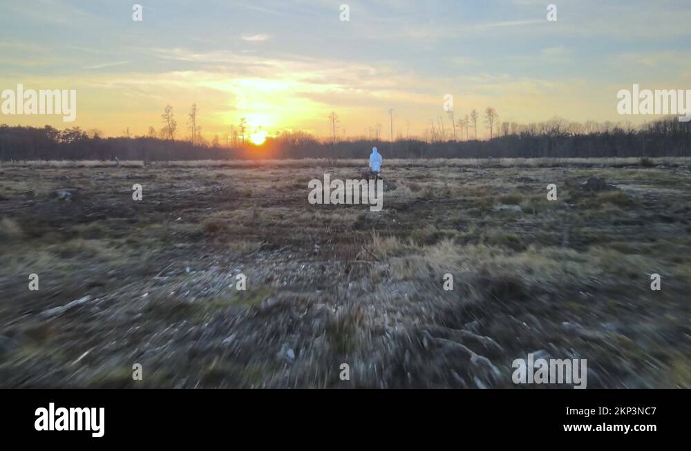 Nuclear disaster atomic bomb landscape at sunset, bio hazmat, 4K aerial ...