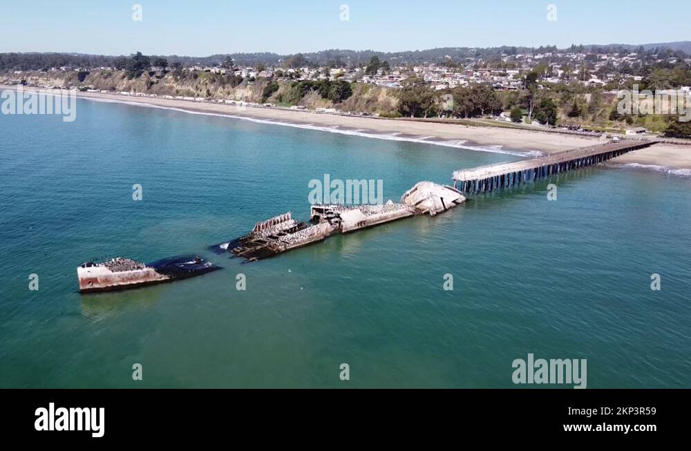 Seacliff State Beach and sunken vessel of SS Palo Alto. Aerial descend ...