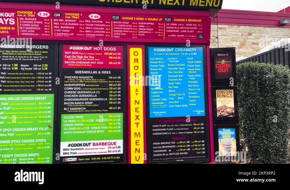 Cook Out fast food restaurant drive thru menu board with items and ...