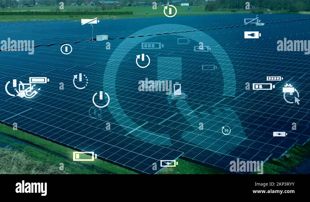 Jib up of solar panel field with futuristic animation graphics overlay ...