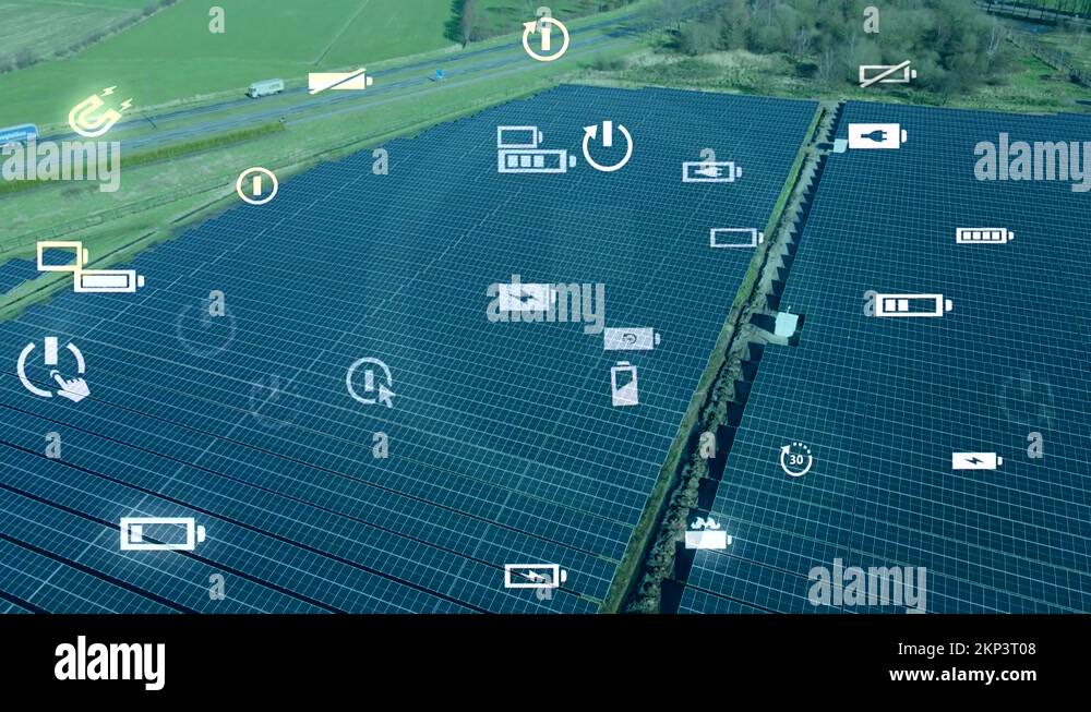 High aerial of solar panel farm with futuristic animation graphic Stock ...