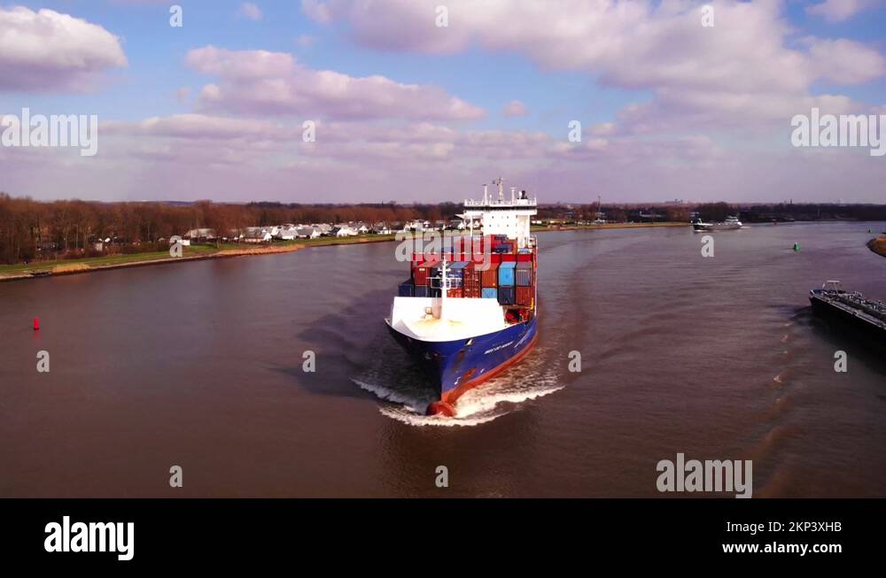 Aerial Forward Bow View Of WEC de Hoogh Cargo Ship Along Oude Maas ...