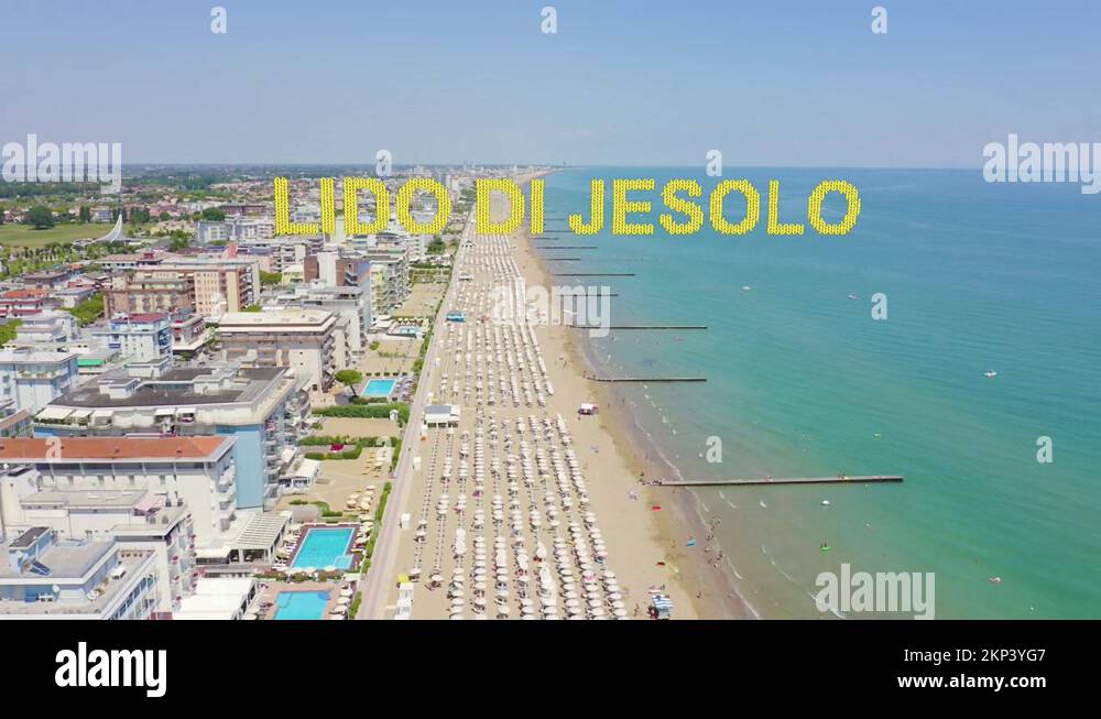 Inscription on video. Italy, Jesolo. Lido di Jesolo, or Jesolo Lido, is ...