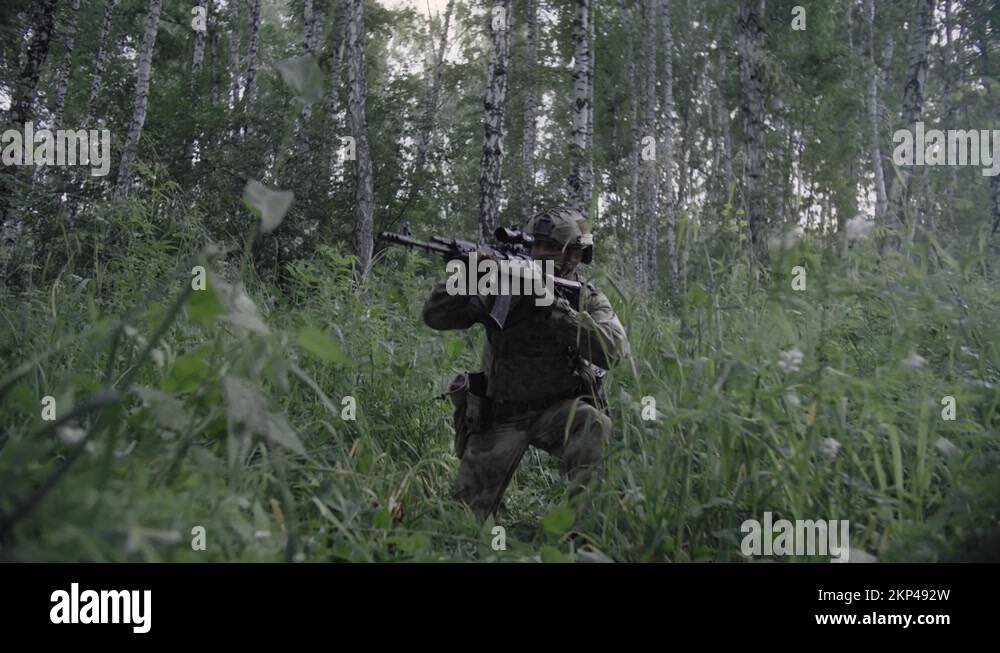 Special forces soldier with sniper rifle in his hands, in the dense ...