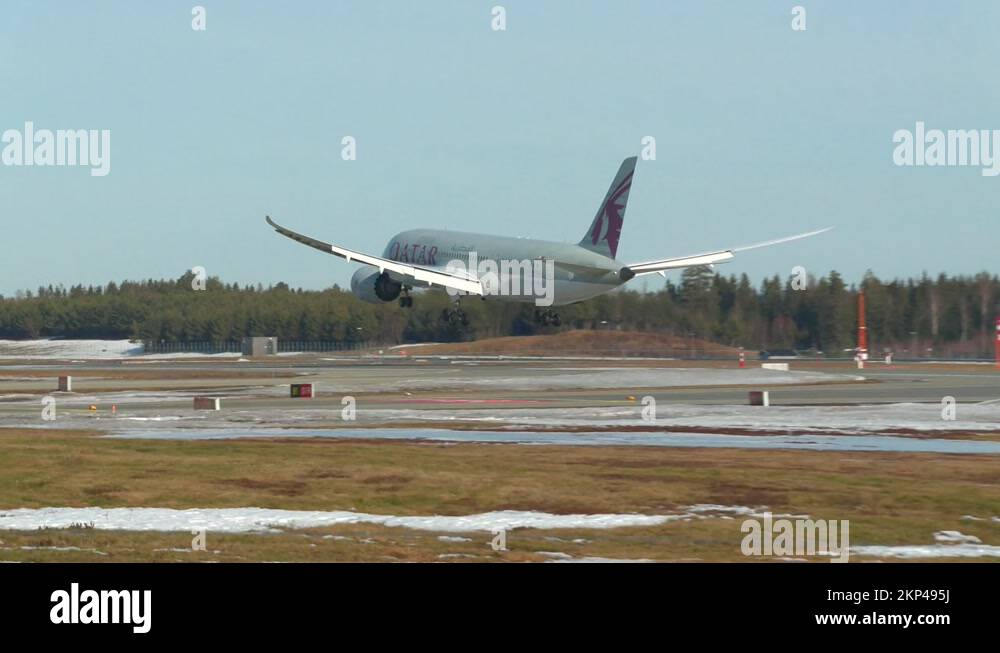airplane qatar airways boeing 787 arrival landing rear view oslo ...
