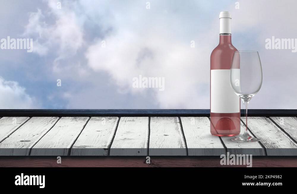 Animation of bottle of rose wine over background with clouds Stock ...