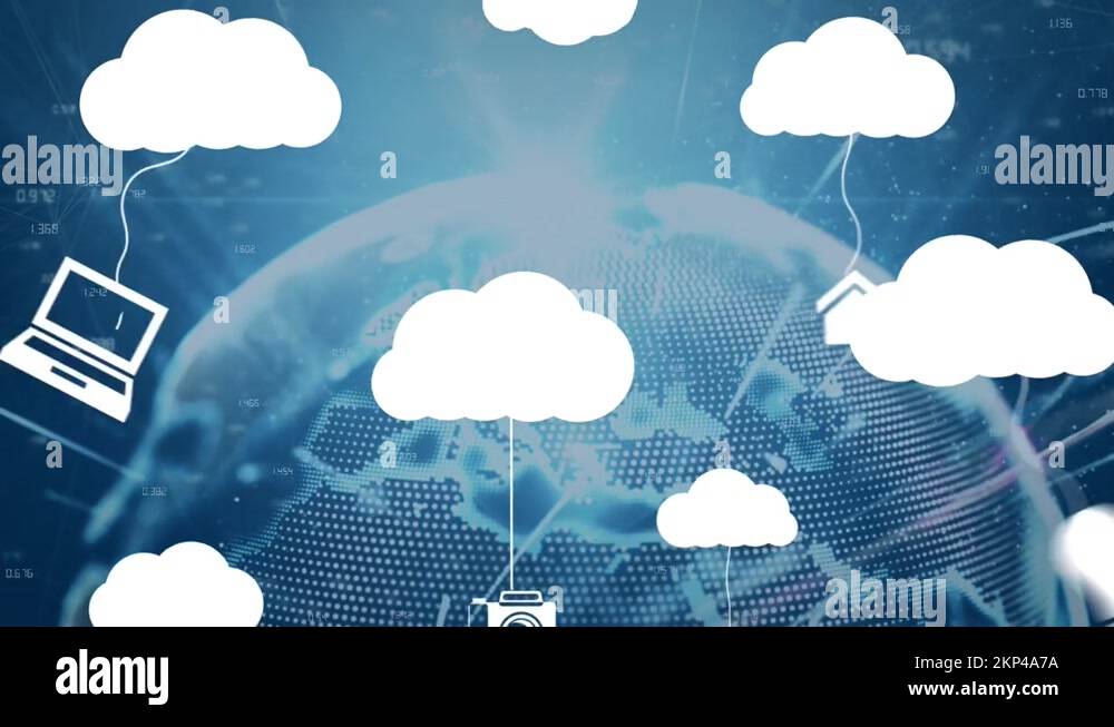 Animation of clouds with diverse technology devices over rotating globe ...