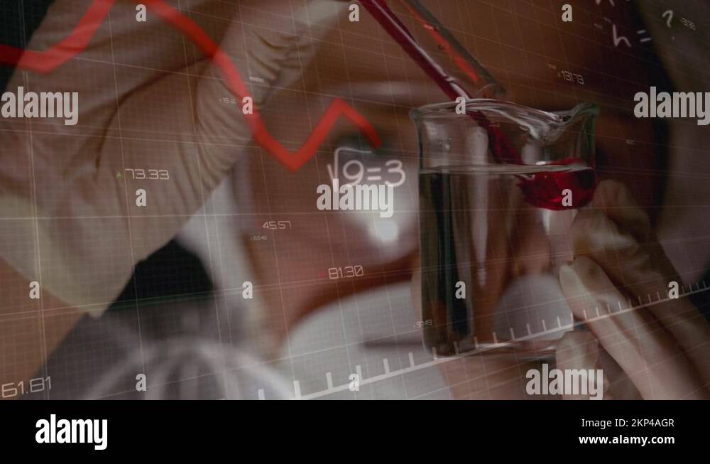 Animation of graph and math data over female lab worker pouring reagent ...