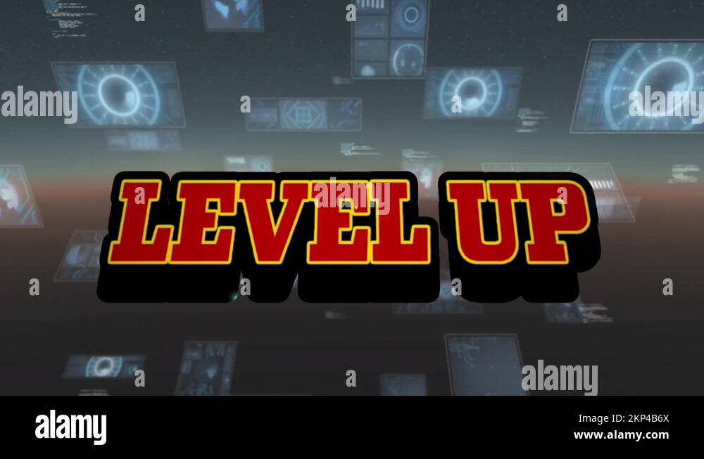 Animation of level up text and digital screens on black background ...