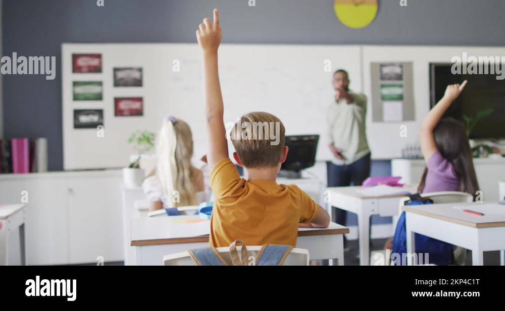 Video of back view of diverse pupils raising hands in classroom during ...