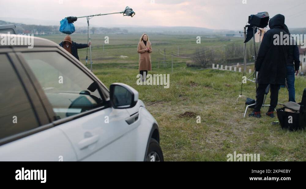 Video set, movies, team film production. Actors on set. Video lights ...