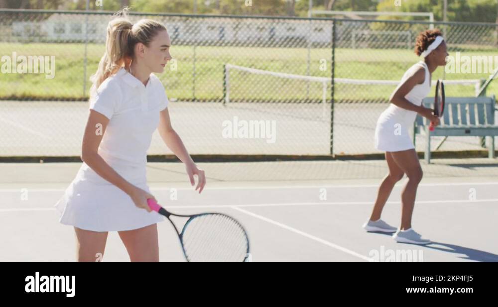 Video of caucasian female tennis player holding racket and training ...