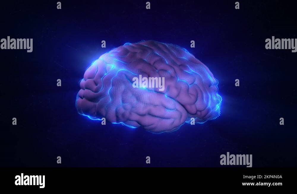 Hologram of rotating human brain at brainstorming activity with neural ...
