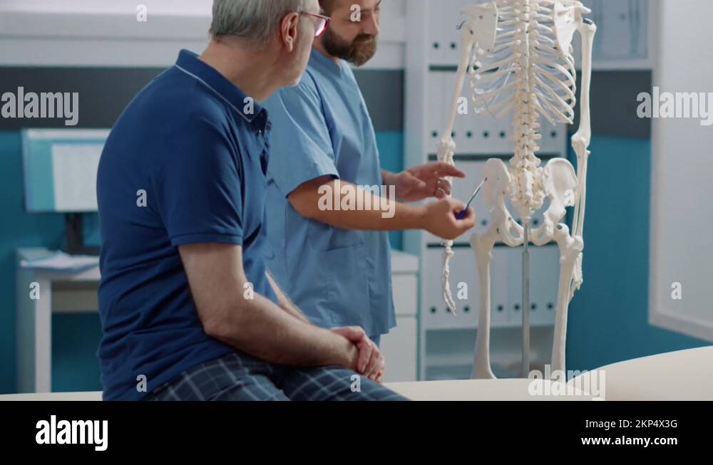 Osteopathy specialist explaining spinal cord system on human skeleton ...