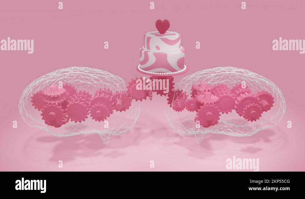 Just Married Wedding cake spinning above gear wheels of 3D human brains ...