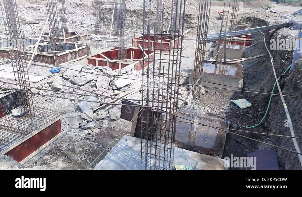 Concrete column formwork with reinforcing bar construction site Stock ...