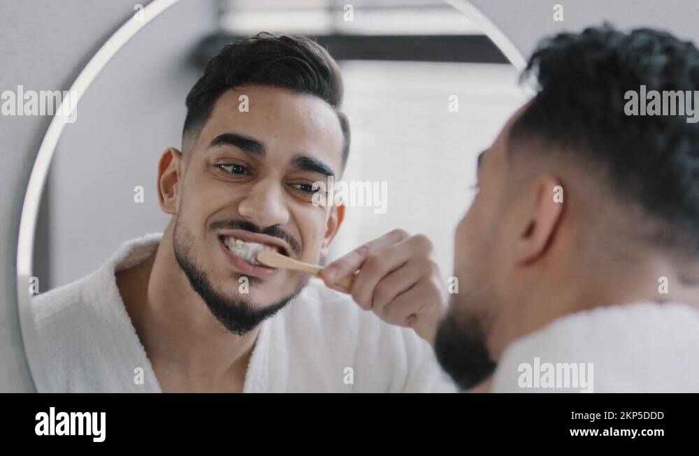 Male reflection in mirror in bath bearded 30s man bearded guy boy ...