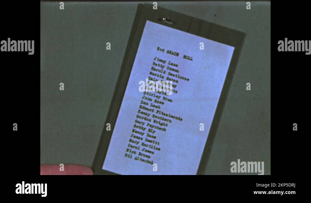 1950s: list of names on card "3rd grade roll", teacher in classroom ...