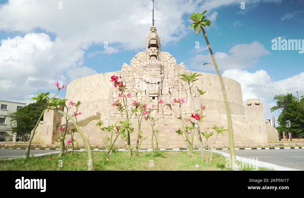 Homeland monument roundabout in downtown Mérida, Mexico with pink ...