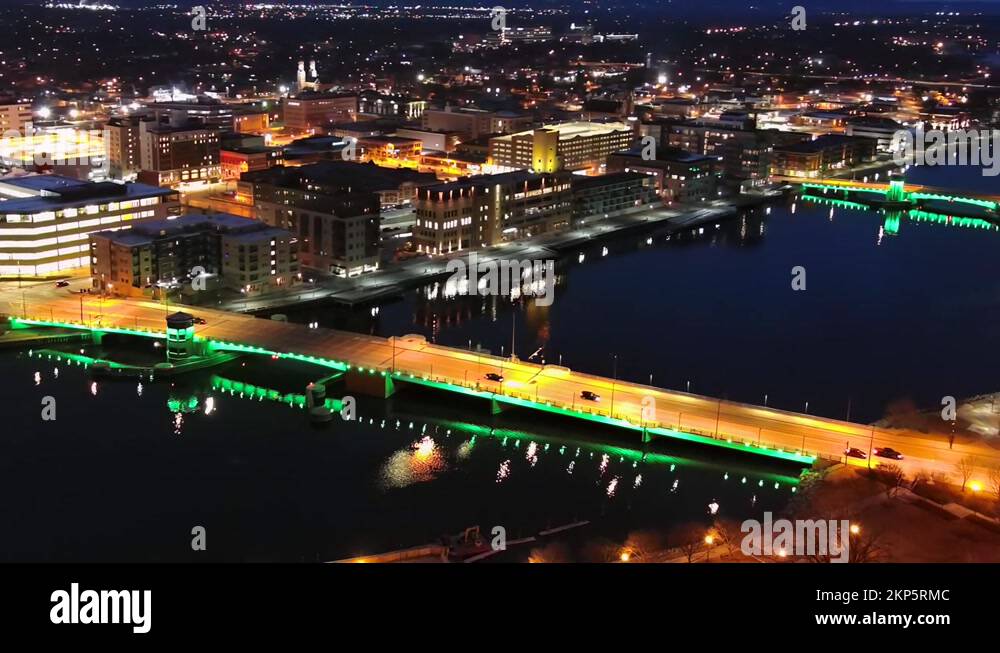 Colorful city lights at night. Downtown Green Bay, Wisconsin, aerial ...