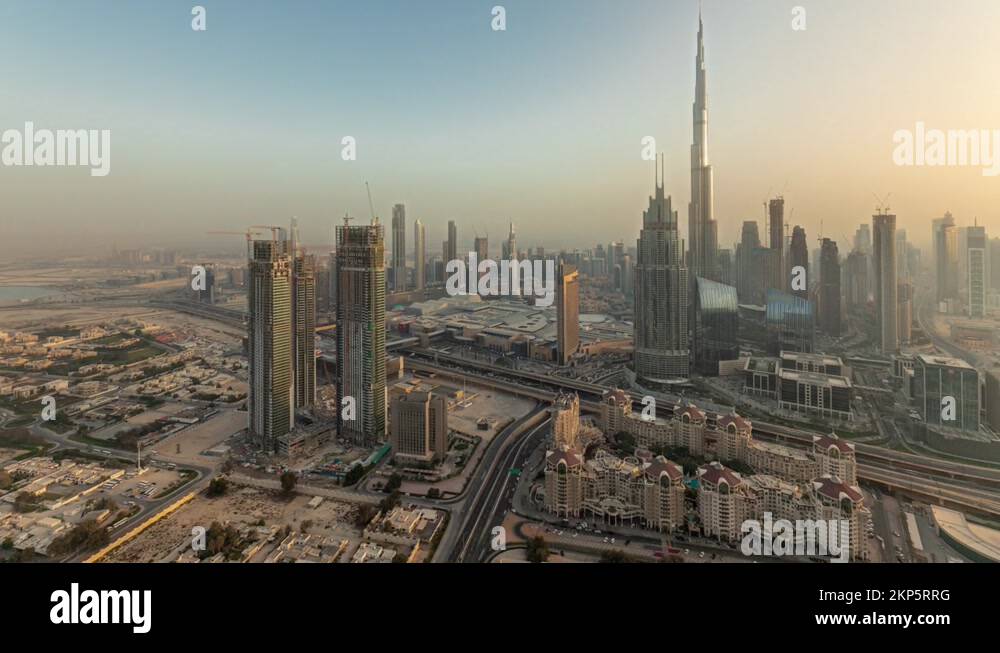 Panorama showing aerial view of tallest towers in Dubai Downtown ...