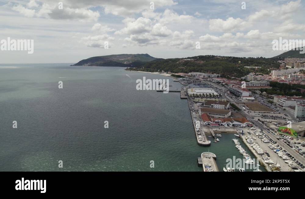 Setubal waterfront Fishing port and marina at Sado River, Aerial ...