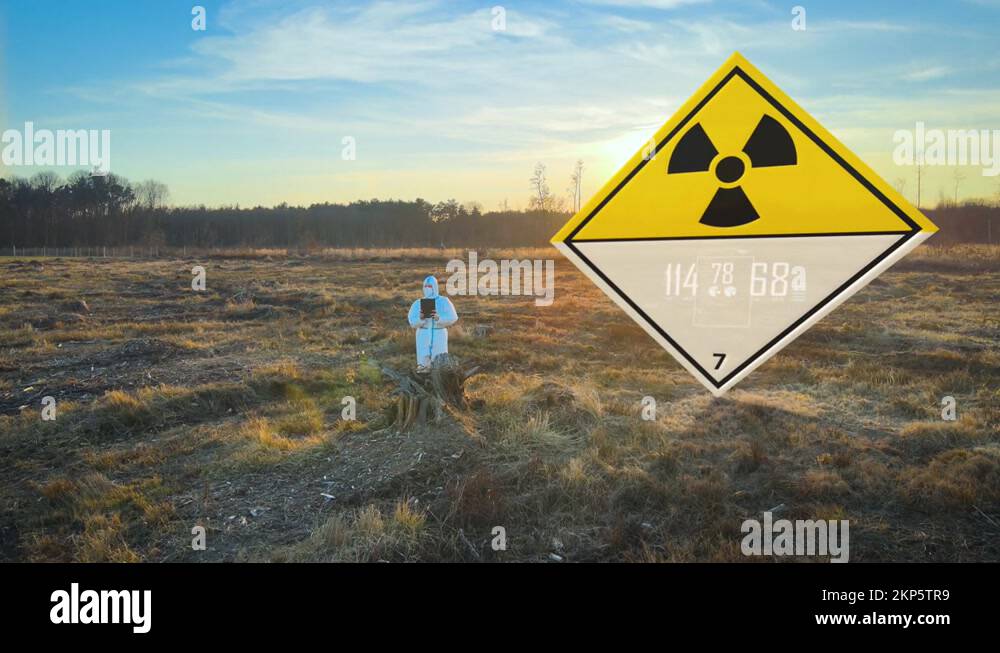 Scientist checking radiation levels on radioactive, barren land - 3d ...