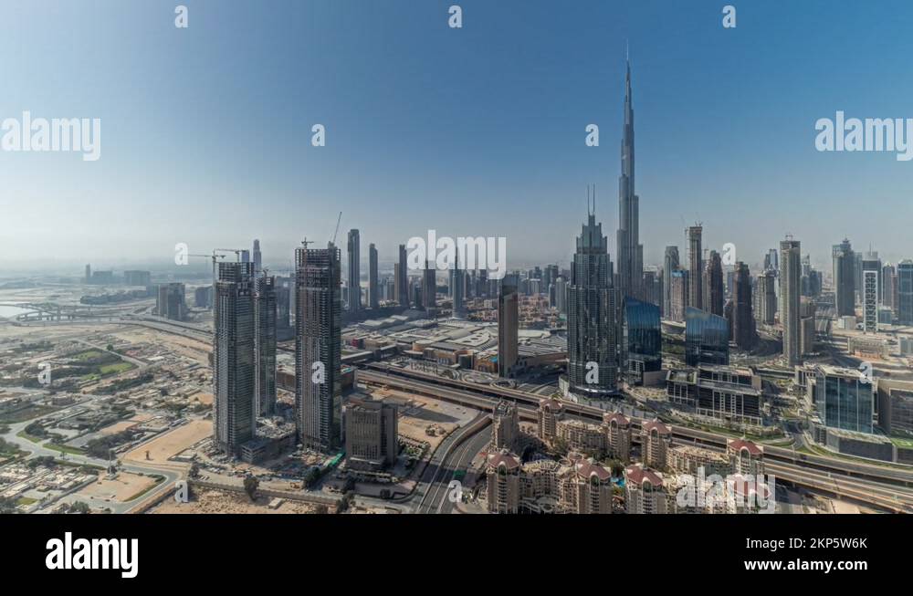 Panorama showing aerial view of tallest towers in Dubai Downtown ...