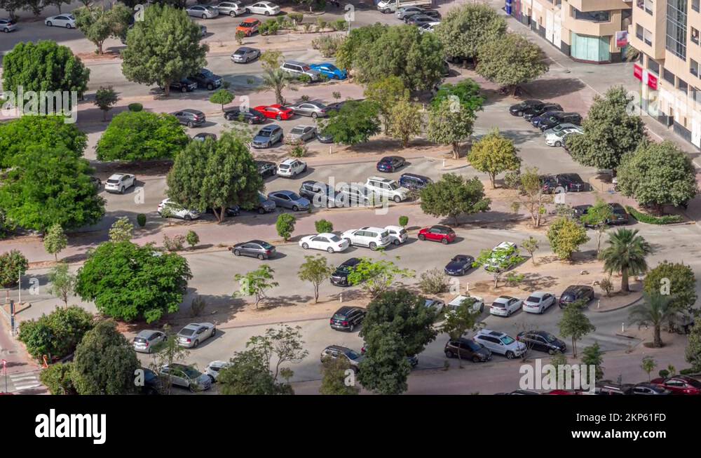 Rows of cars parked in a parking lot between lines of green leafy trees ...