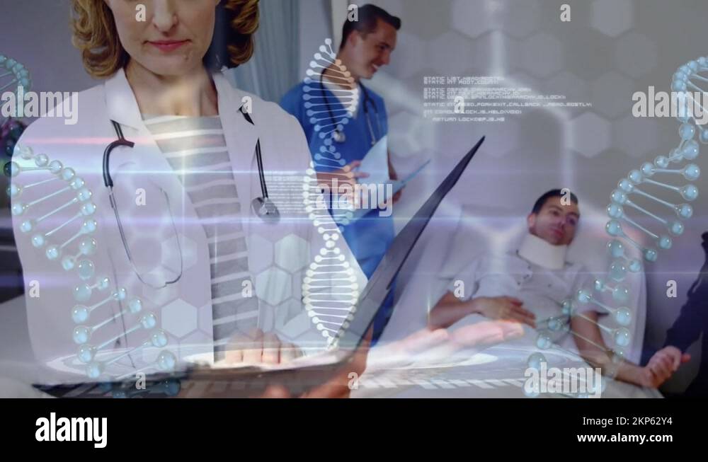 Animation of dna, formulas and data processing over diverse doctors and ...